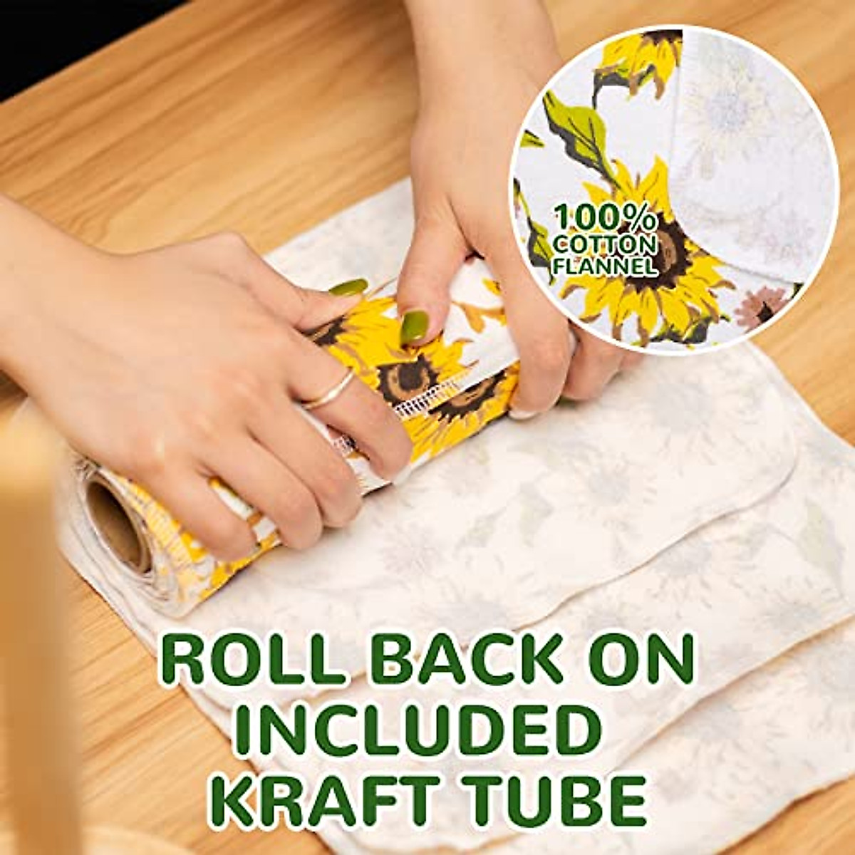 BOJUST Reusable Paper Towels Roll | 12 Eco Friendly Washable Cotton Flannel Towels w/Cardboard Roll | Napkins Cloth Washable Reusable Paper Towel Roll, Paperless Paper Towels (Sunflower, 12 Towels)