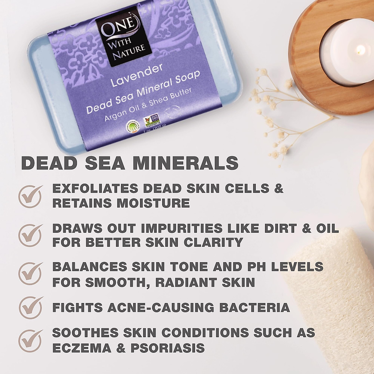 One With Nature Dead Sea Salt Lavender Soap 4oz Bars 3Pack - Dead Sea Salt Contains Magnesium, Sulfur & 21 Essential Minerals - Ideal for All Skin - Shea Butter, Argan Oil Enriches, Natural Fragrance