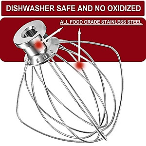 K45WW Dishwasher Safe Wire Whip Attachment 6 Wire Whisk Upgrade Real Stainless Steel Fits KitchenAid Tilt-Head Stand Mixer for Egg Heavy Cream Beater, Cakes Mayonnaise