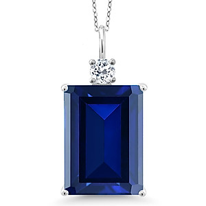 Gem Stone King 17.83 Cttw Blue Created Sapphire and White Topaz Pendant Necklace For Women In 925 Sterling Silver | Emerald Cut 18X13MM | With 18 Inch Silver Chain