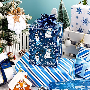 Flyhill Jumbo Christmas Wrapping Paper Bundle with Gridlines-30 In X120 In-4 Roll-Snowmen & Santa Claus & Snowflakes & Reindeer & White Stripes & Tree for New Year,Birthday,Holiday