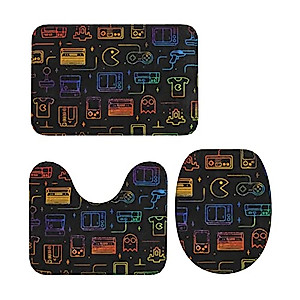 3 Pieces Bathroom Rugs Set Game Video Gaming Pattern Print 3 Pieces Bathroom Rugs Set Bath Mat+Contour+Toilet Lid Cover Bathroom Antiskid Pad