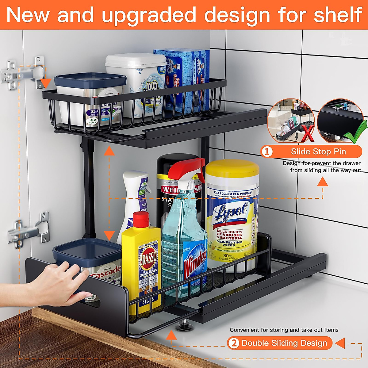 Truoctdu Under Sink Organizer and Storage, Pull Out Cabinet Organizer 2 Tier Pull Out Sliding Cabinet Organizer Height Adjustable Storage Shelves, Under Sink Storage for Kitchen Bathroom Pantry 2 pack