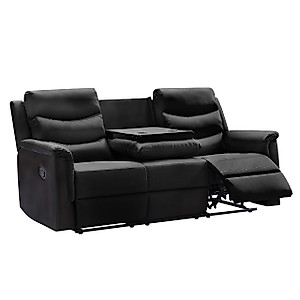 Verfur 3 Seater Double Recliner Sofa w/Drop-Down Table, Faux Leather Manual Reclining Loveseat Couch with Center Storage Console,Home Theater Seating with Cup Holders and Armrest for Living Room