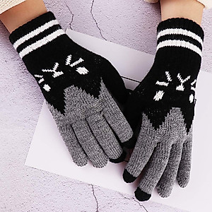 Newfancy Women Men Winter Knit Gloves Touchscreen Warm Soft Cat Kitten Texting Fashion Mittens for Smartphone Iphone Ipad, Black, One Size