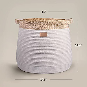 Rope Basket Woven Storage Basket with Handles - Laundry Basket Large 17.3x 15 x 14.1 Inches Cotton Blanket Organizer, Baby Nursery Containers White Home Decor Gift
