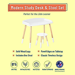 Wildkin Kids Modern Study Desk and Stool Set for Boys and Girls, Includes One Matching Stool, Classic Timeless Design Features Panel Edges on Tabletop and Solid Wood Legs (White w/ Natural)