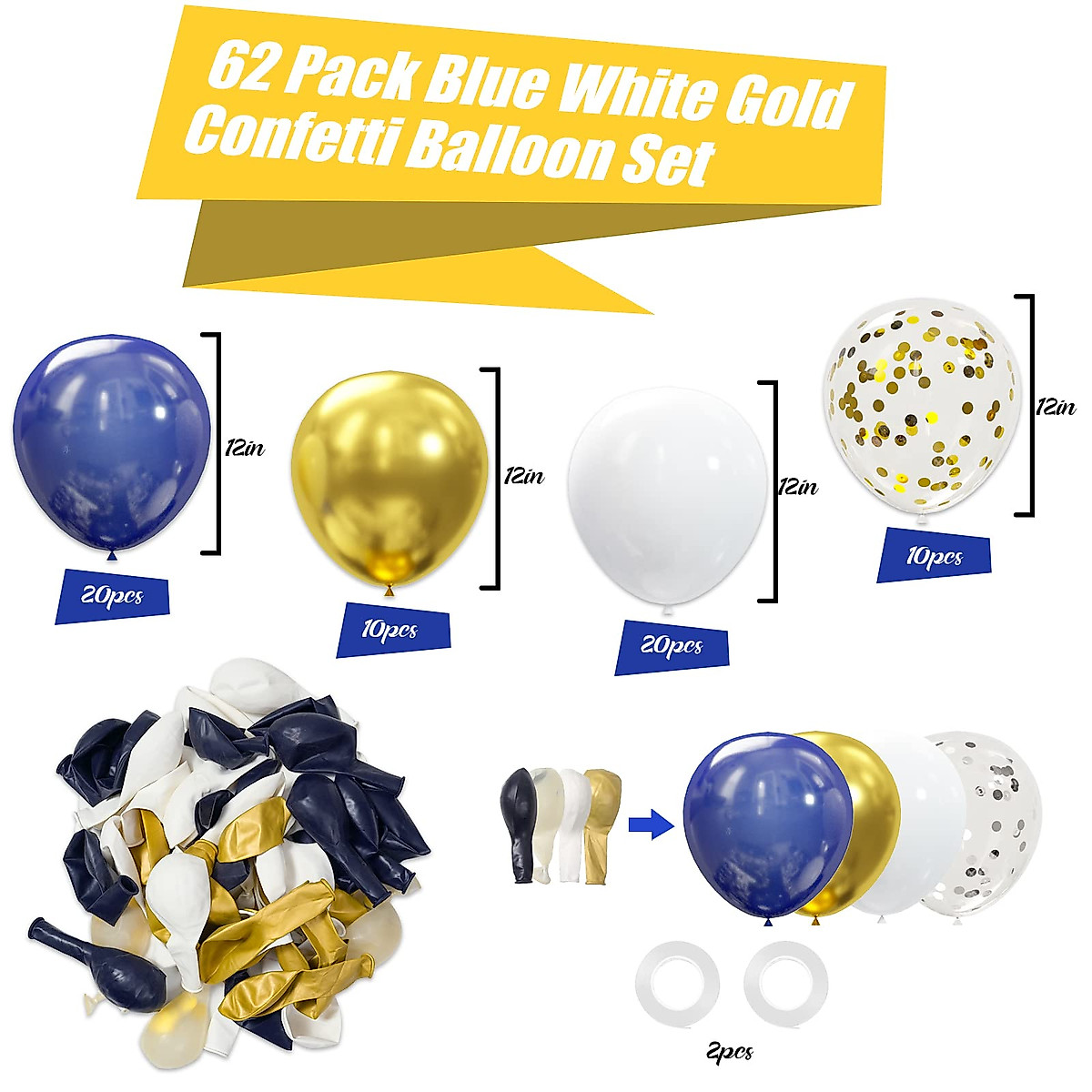 62pcs Gold Navy Blue Balloons Kit - 12 Inches Gold Blue Party Decoration Balloons for Graduation Baby Shower Birthday Party Decorations Favors
