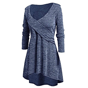 CapsA Women Halloween Gothic Sweatshirts Dress Long Sleeve High Low Pullover Plus Size V-Neck Tunic Plunging Neck Sweater Blue