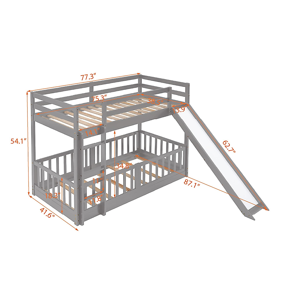 Harper & Bright Designs Twin Bunk Beds with Slide, Kids Wood Twin Over Twin Bunk Beds with Fence, Ladders, Safety Guard Rails for Kids, Toddlers, Teen, No Box Spring Needed (Grey)