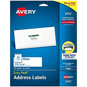 Avery Easy Peel Printable Address Labels with Sure Feed, 1" x 4", White, 350 Blank Mailing Labels (08162)