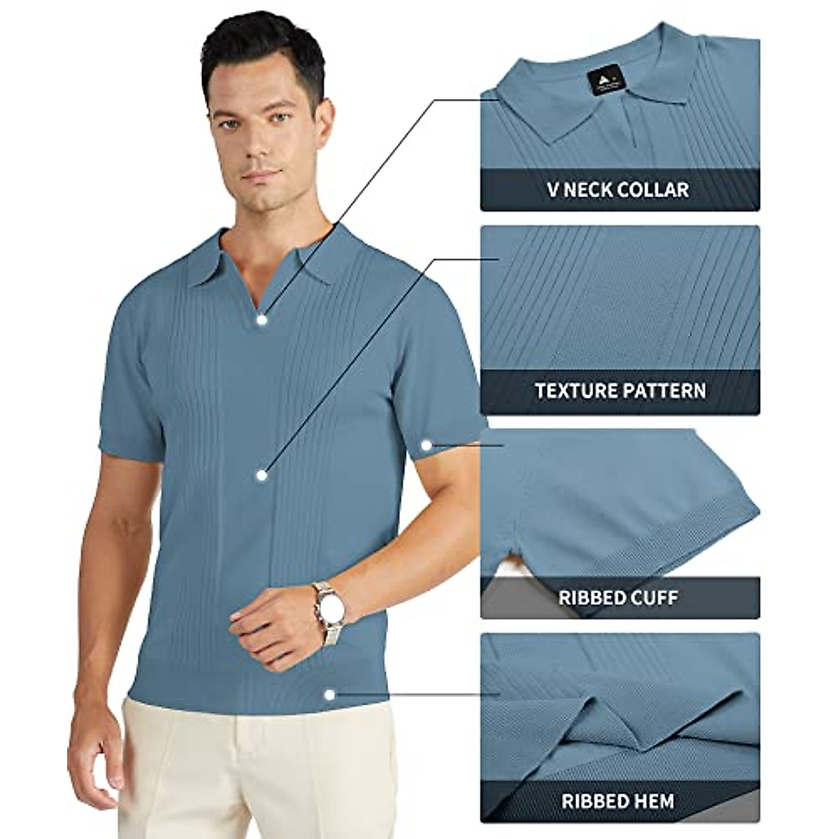V VALANCH Vintage Shirts for Men Polo Shirt Short Sleeve Collared Knit Golf Polo Blue Shirt