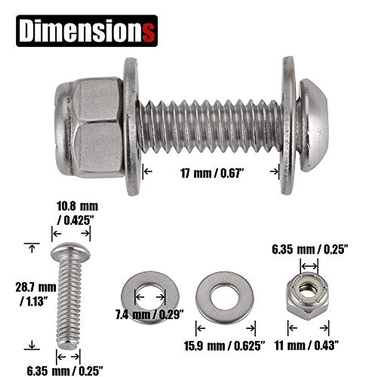 JQK 1/4-20 x 1 Button Head Socket Cap Screws, Allen Socket Drive,1/4 x 5/8 OD Fender Flat Washer, 1/4-20 Lock Nut with Nylon Insert Sets, 304 18-8 Stainless Steel, 25 Pack, SNS100-P25