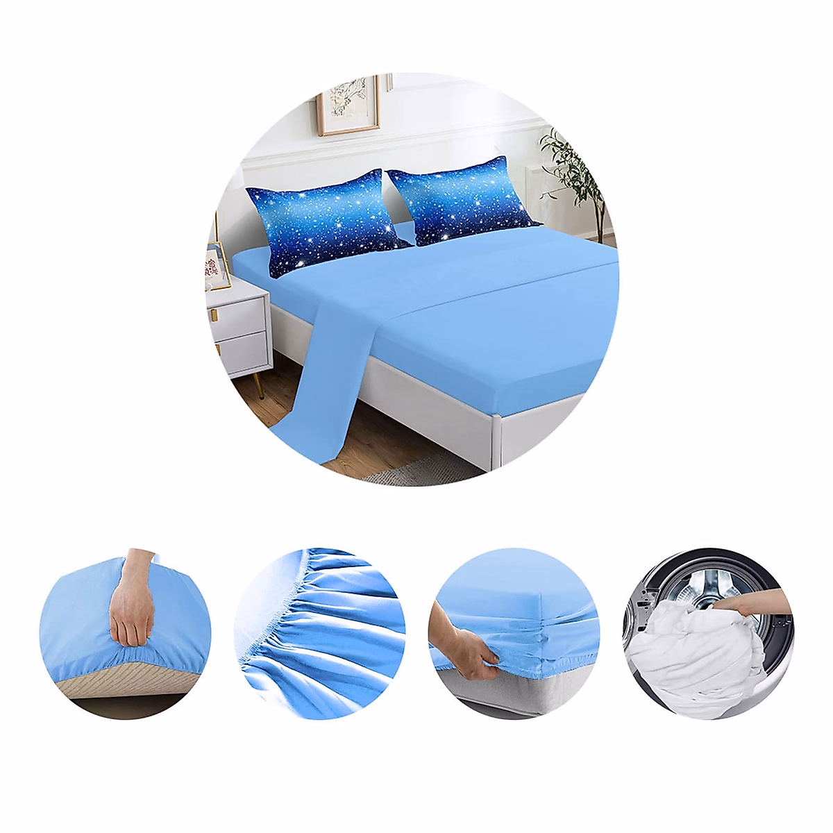 ROWADALO 6 Pieces Blue Gradient Glitter Sparkles Comforter Set Full Size,Galaxy Starry Sky Bedding Sets 6 Pcs Bed in A Bag for Kids Teen Ultra Soft All-Season Girls Comforter Set,DJT-GB5002 Full