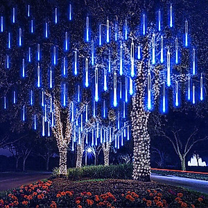 Adecorty Outdoor Christmas Lights Meteor Shower Lights UL Certified 8 Tubes 192 LED Snow Falling Rain Drop Lights Dripping Icicle String Lights for Christmas Tree Decorations Xmas Wedding Party, Blue