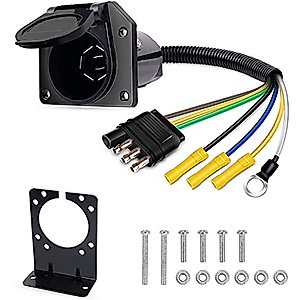 Nilight 4-Way Flat to 7-Way Round RV Blade Trailer Adapter Reverse Plug with mounting Bracket, 2 Years Warranty