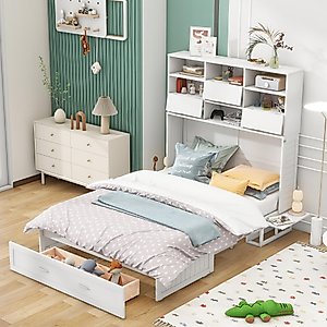 P PURLOVE Queen Murphy Bed Cabinet with Bookcase, Bedside Shelves and a Big Drawer,Solid Wood Level Folding Multipurpose Murphy Bed for Apartment/Living Room