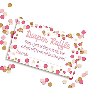 Polka Dot Pink & Gold Themed Diaper Raffle Tickets for Girl Baby Showers, 20 2" X 3” Double Sided Insert Cards for Games by AmandaCreation, Bring a Pack of Diapers to Win Favors & Prizes!