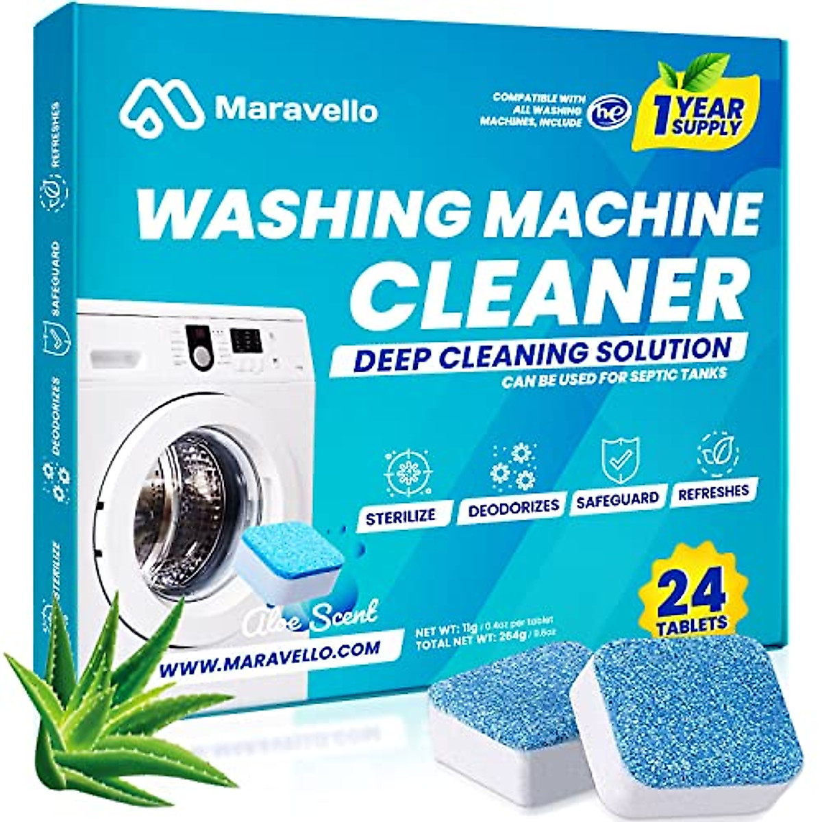 Maravello Dishwasher Cleaner And Powerful Formula Washer Cleaner Tablets For HE Front Loader And Top Load, Septic Tank Safe,12 Months Supply