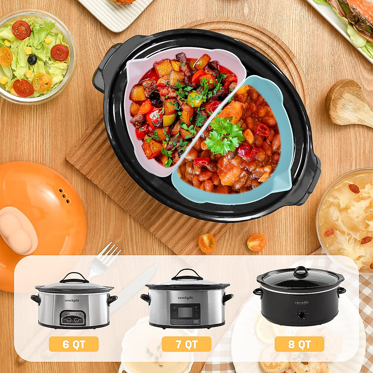 Silicone Crock Pot Liner-Crockpot Divider Insert Fit 6-8 Quarts, Reusable Slow Cooker Silicone Liner, Foldable&Dishwasher Safe (Blue+Pink)