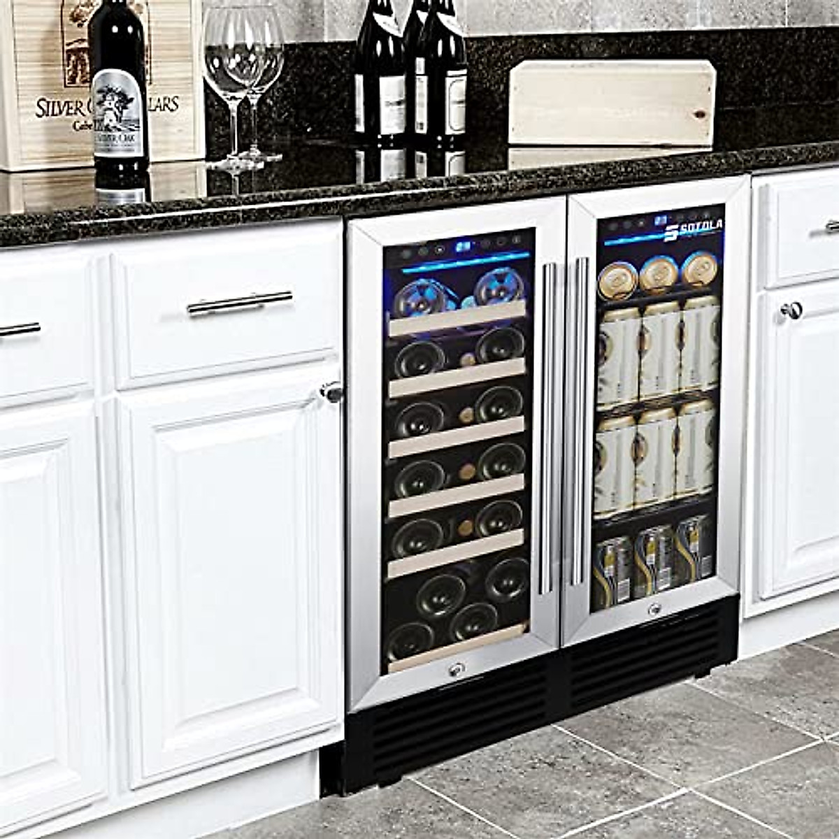 Anwick Cooler, 24 Inch Wine Refrigerator Dual Zone for 60 Cans and 20 Bottles - Mini Wine Fridge with Stainless Steel Tempered Glass Door and Temperature Memory Function