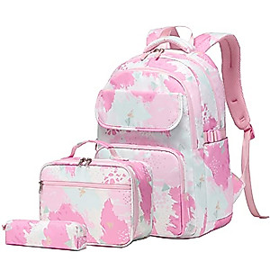 Rexmore Kids Backpack for Girls,3 Pcs Set Elementary Bookbag Waterproof Cute School Bag with Multi Pockets and Compartment,Pink