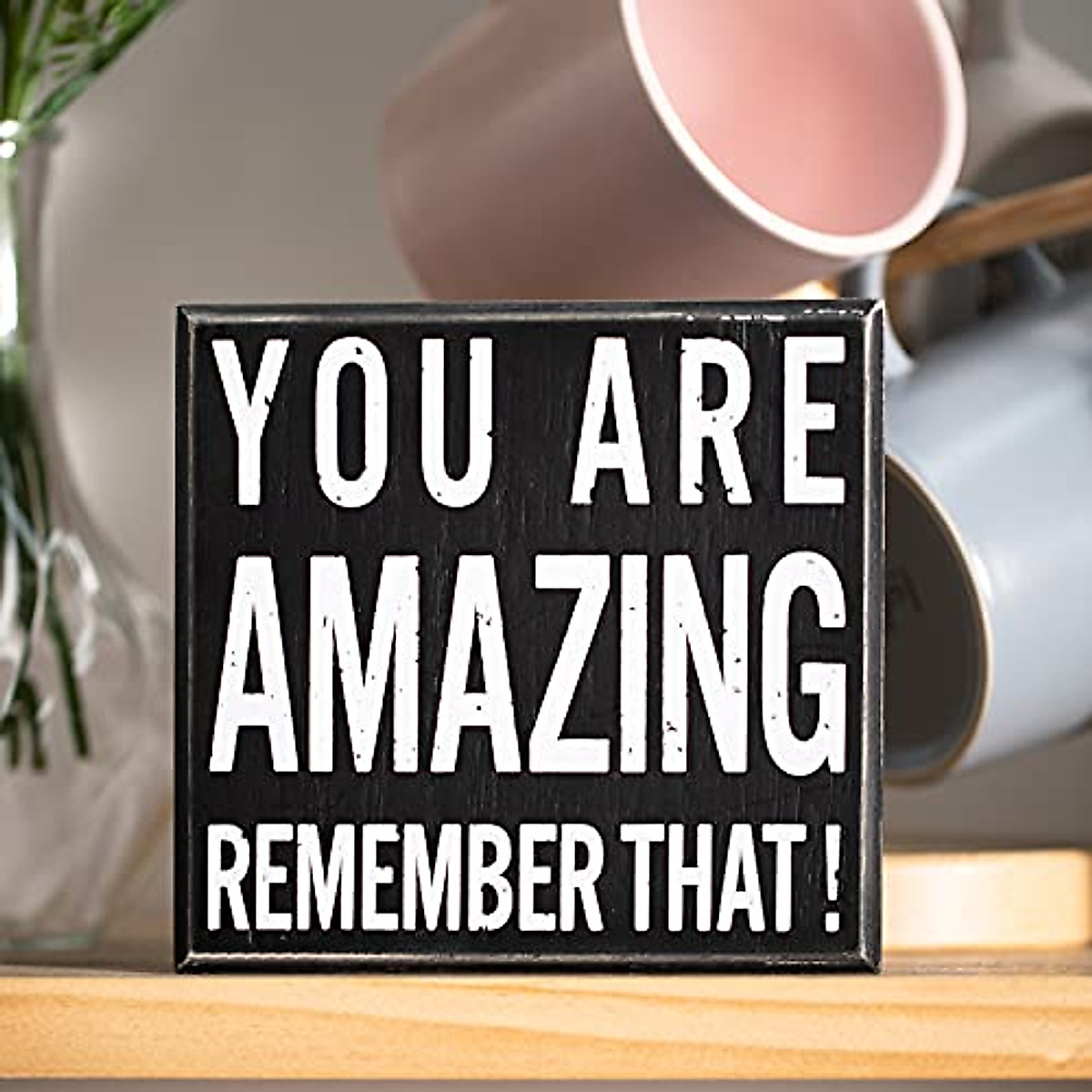 Wood Sign You are Amazing, Remember That Inspirational Wooden Sign 4.9 x 5.2 Inches Classic Box Sign (Black)
