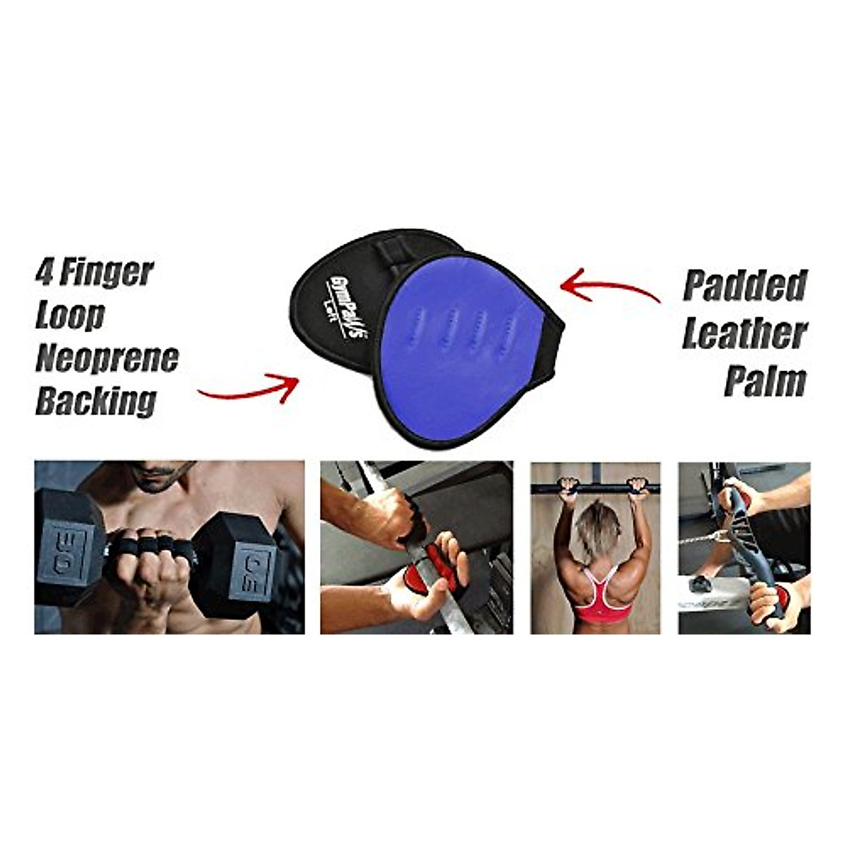 Real Leather Workout Gym Grip Pads w 4 Finger Loop Sweatproof Backing (Blue)