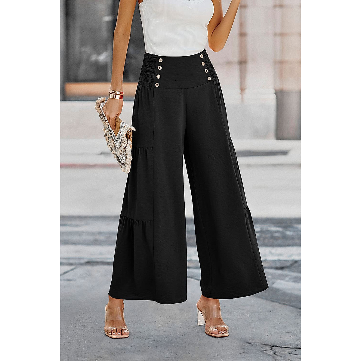 PRETTYGARDEN Women's Casual Long Palazzo Pants Elastic High Waist Wide Leg Loose Lounge Trousers (Black,Medium)