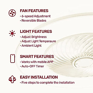 YANASO Upgraded Ceiling Fans with Lights - Low Profile Enclosed Ceiling Fan Bladeless, Remote & APP Control, 3 Colors Dimmable LED 6 Speeds (White)