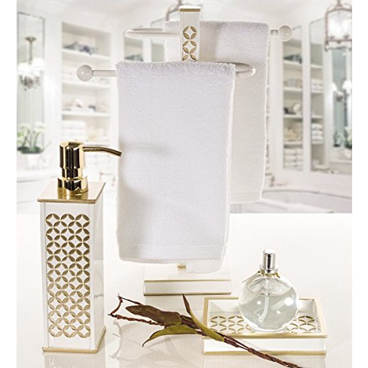 Creative Scents White Bathroom Accessories Set - Decorative 4 Piece Bathroom Accessory Set Includes: Soap Dispenser, Toothbrush Holder, Soap Dish and Tumbler, Gift Packaged (Diamond Lattice)