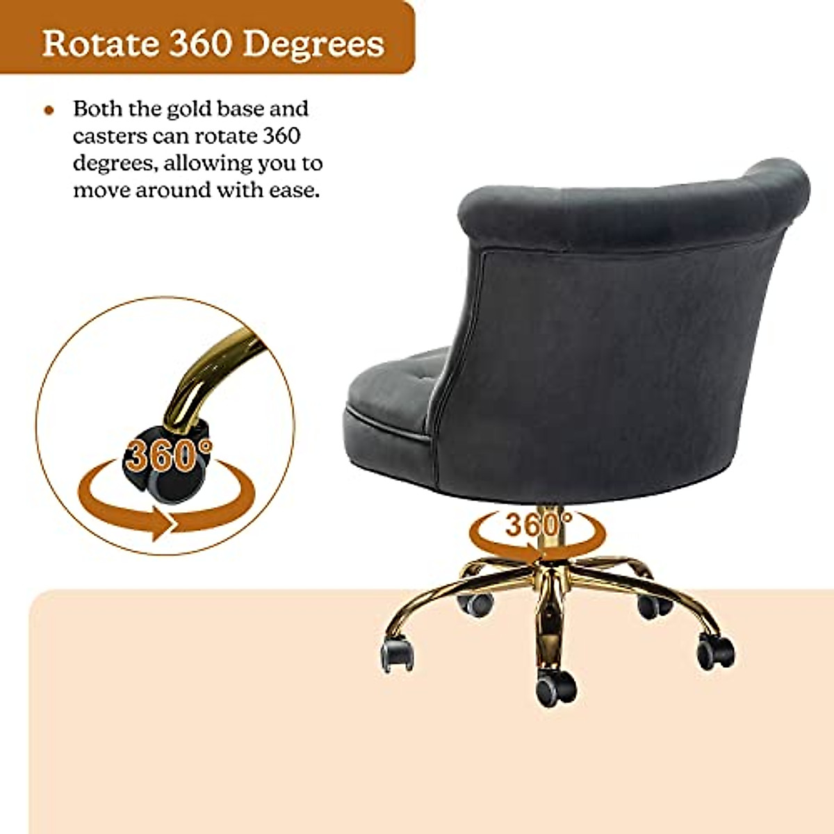 HULALA HOME Velvet Home Office Chair with Gold Base, Comfortable Modern Cute Desk Chair, Adjustable Swivel Task Chair for Living Room Bedroom Vanity Study/Grey