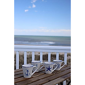 Euro Ceramica Ahoy Collection Nautical Ceramic Coffee/Tea Mugs, 13.5oz, Set of 4, Assorted Designs, Blue & White