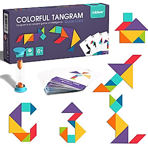 MIDEER Wooden Pattern Blocks Colorful Geometric Shapes Tangram Puzzle Sorting and Stacking Travel Games Preschool Montessori Educational Learning Toys for Kids Ages 3+(7 Pieces & 200 Patterns)