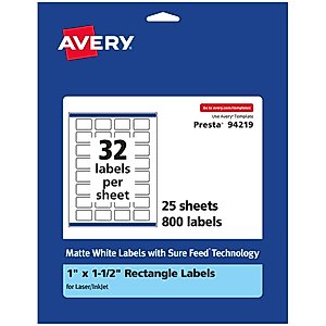Avery Matte White Rectangle Labels with Sure Feed, 1" x 1.5", 800 Matte White Printable Labels