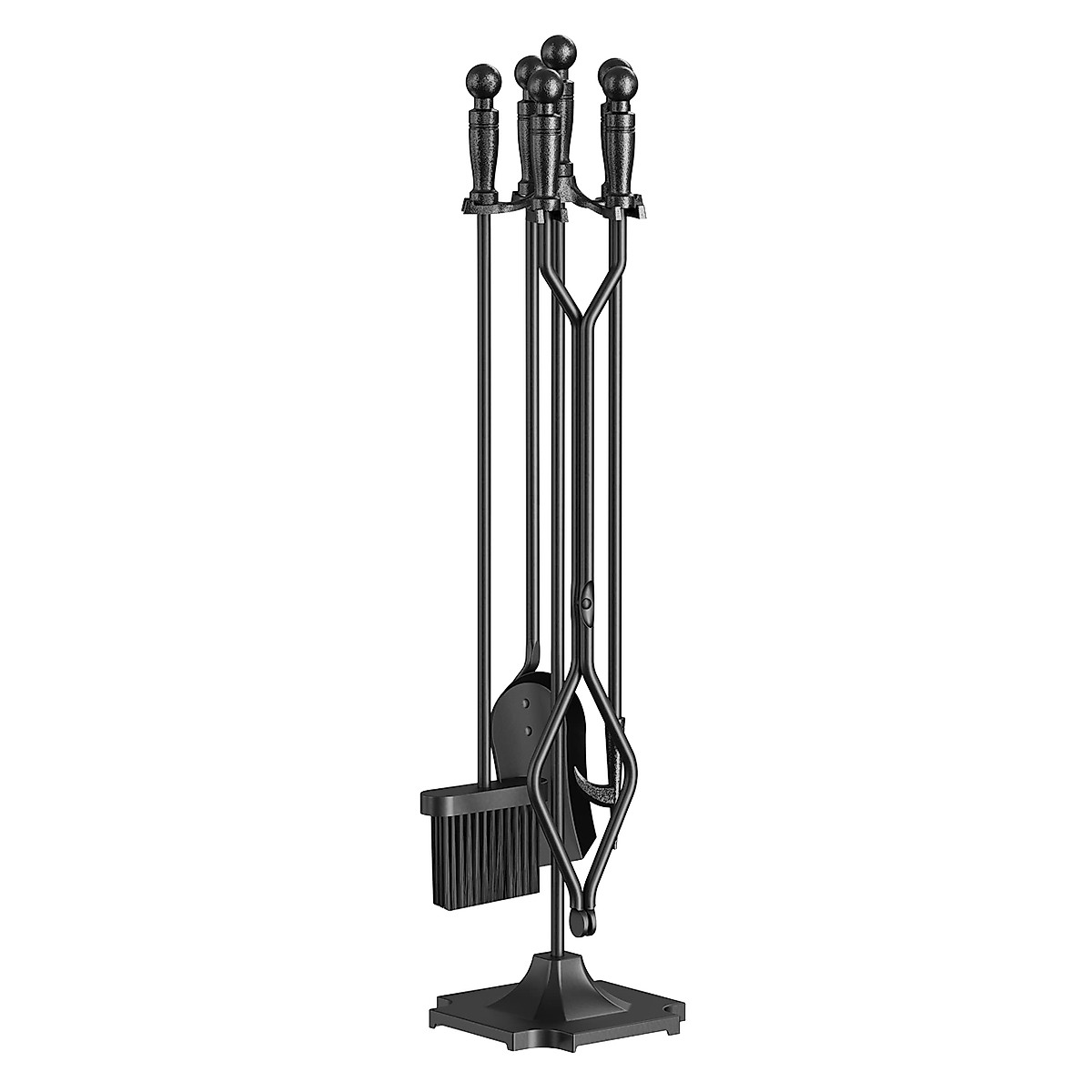 Fire Beauty Fireplace Tools Set 5 Pieces Wrought Iron Fireset Fire Pit Poker Wood Stove Log Tongs Holder Fireplace Tool Set with Pedestal Place