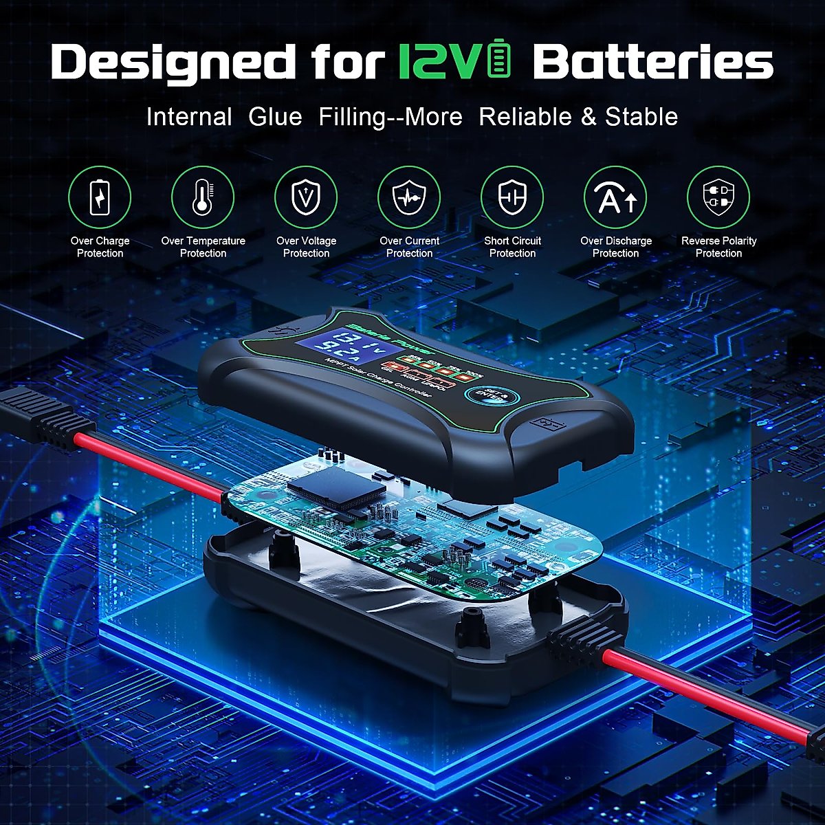 10A MPPT Wireless Solar Charge Controller with BT, Bateria Power 12 Volt Phone APP Intelligent Control Solar Regulator with LCD Display, LED Indicate Light for Gel AGM Lithium LiFePO4(Sunrock 10Pro)