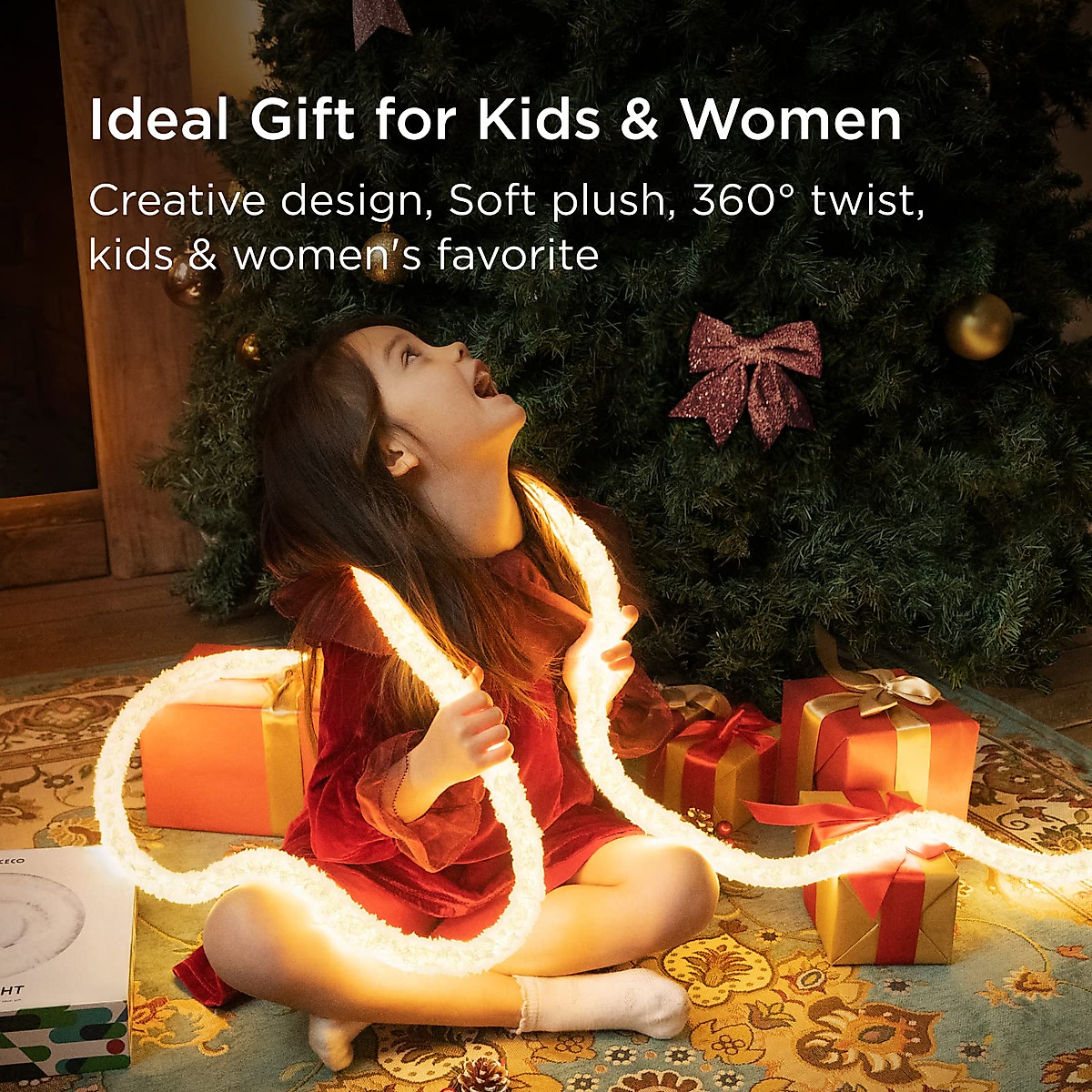 CECOCECO LED Night Light Rope Strip Neon Lights for Kids Bedroom 10ft Warm White Battery Adapter 12V Cute Portable Touch Decorations Plush 320 LEDs DIY Gifts for Women Girls Indoor Party Christmas