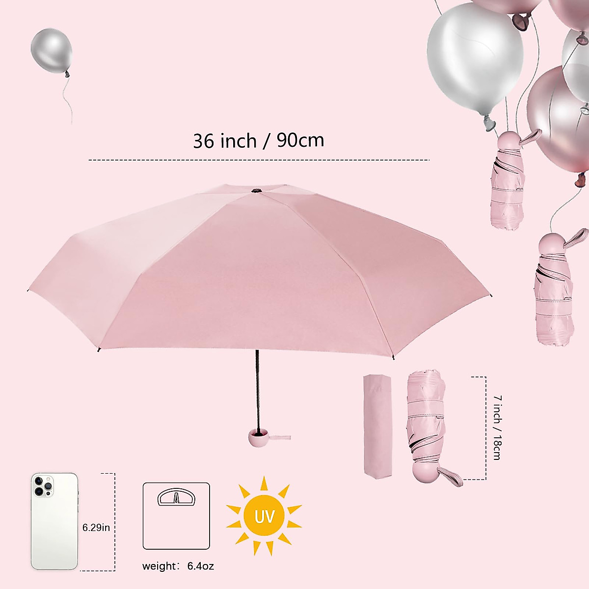 ALFROTEY Mini Folding Travel Umbrella for Rain Lightweight Small Compact Pocket Umbrella for Backpack and Purse Ideal Tiny Portable Travel Umbrella for Women and Girls (Pink, S)