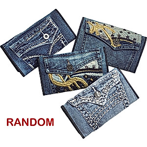 Bijoux de Ja Upcycling Blue Denim Embroidery Flap Cover Pocket Money Long Wallet Purse Clutch for Women (RANDOM)