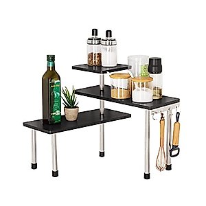 Venloup Upgraded 3 Tier Corner Shelf, Adjustable Bamboo Storage Spice Rack with Hooks, Freestanding Space Saving Counter Display Shelf for Kitchen, Office and Bedroom （Black