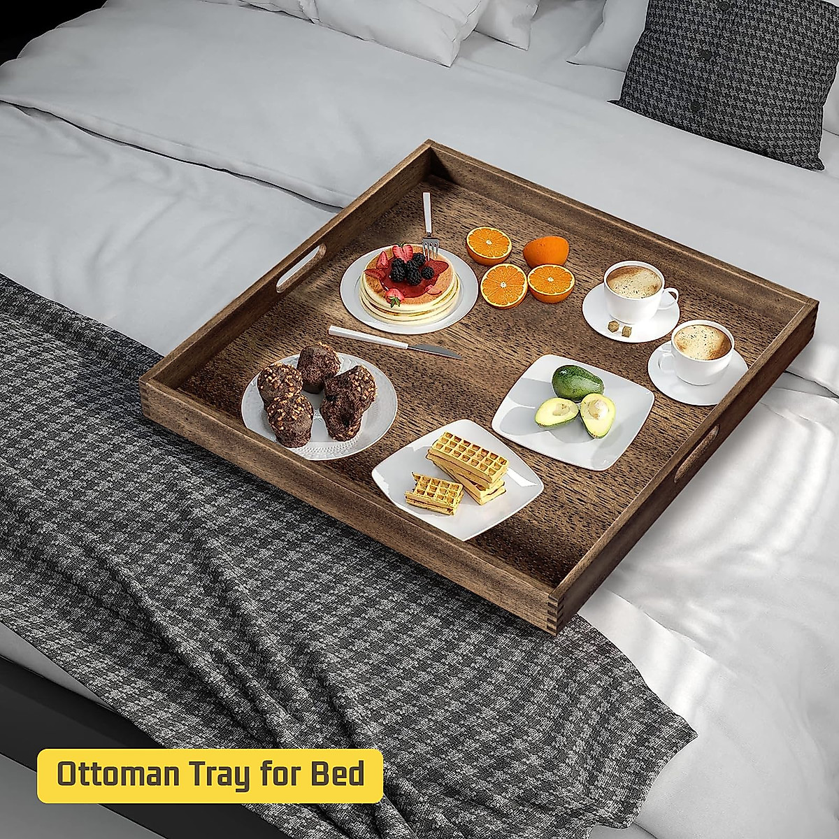 Nunemosk 24”x24” Extra Large Square Black Walnut Wood Ottoman Tray with Handles, Serve Tea, Coffee or Breakfast in Bed, Including 4 Walnut Coasters