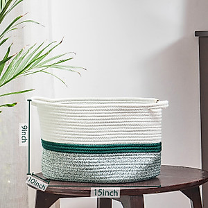 ART pinecone cotton rope basket, Oval woven nursery storage basket, Cute Dog Toy Basket Baby Nursery Hamper Shelf Decorative Bin,15"L x 10"W x 9"H (1-pack, 3 tones Navy blue & white)