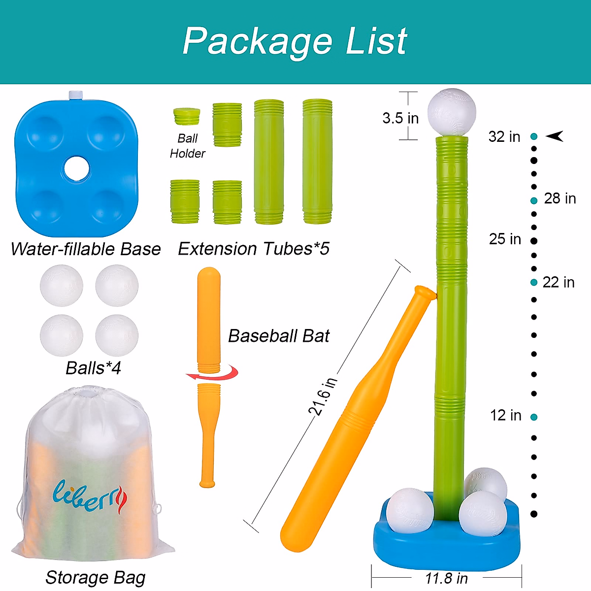 Liberry Adjustable T-Ball Set for Kids and Toddlers, Includes Kids Baseball Bat, Adjustable Height Tee Ball Stand, 4 Balls and Weighted Base, Sports Game Toy Gift for Boys Girls