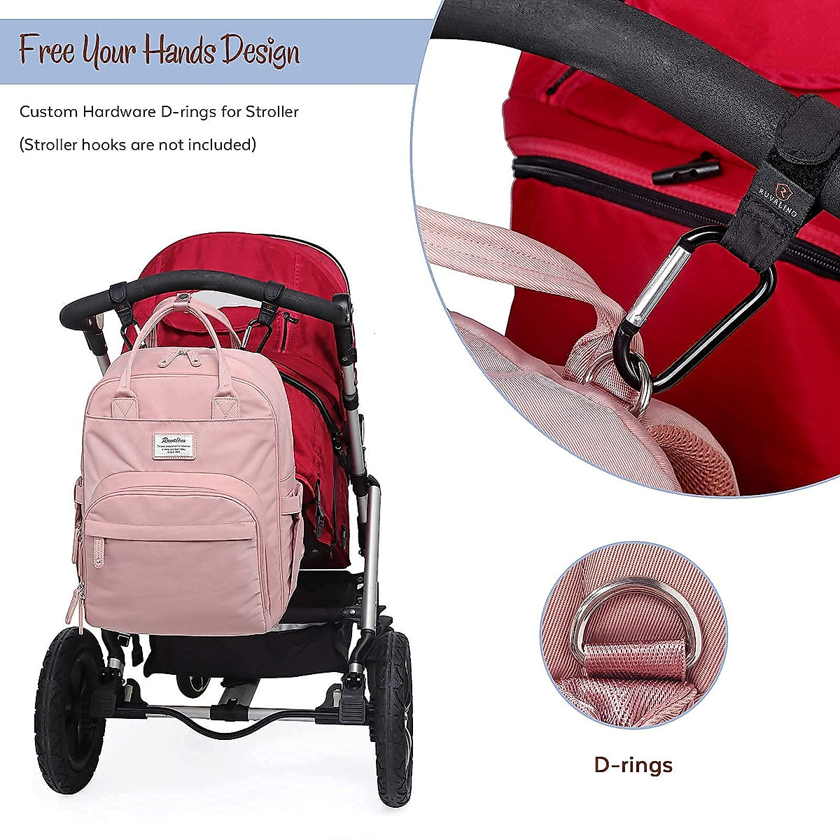 RUVALINO Diaper Bag Backpack, Stroller Hooks, Multifunction Travel Baby Back Pack with Changing Pad, Universal Stroller Clips for Mom Girls