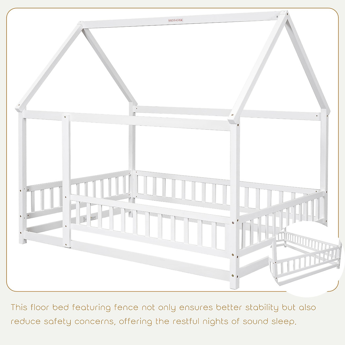 Full Size House Floor Bed Wooden Montessori Bed with Fence and Roof for Kids Playhouse Style Bed Frame for Girls Boys Teens, White