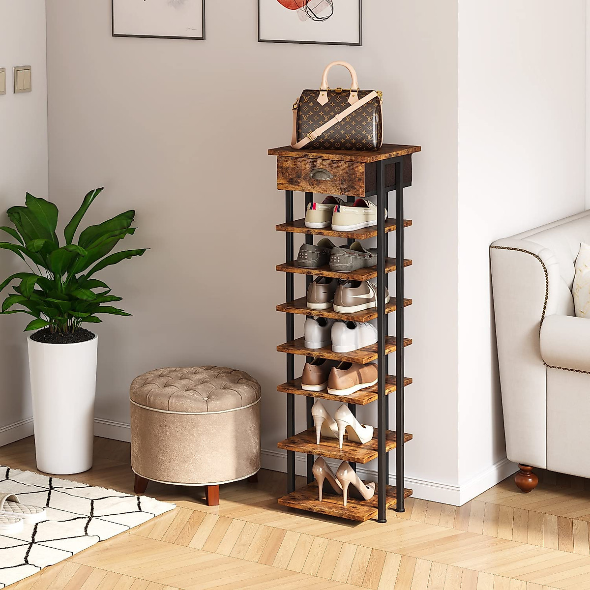 Homeiju Shoe Rack Organizer,8-Tier Vertical Shoe Rack,Wooden Shoes Rack for Entryway,Narrow Shoe Rack Shoes Storage Organizer with Wooden Top & Drawer for Entryway, Hallway,Rustic Brown