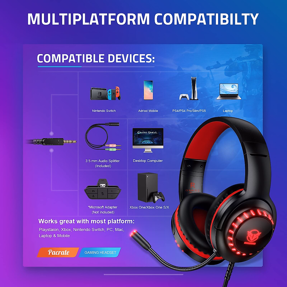 Pacrate Gaming Headset for PS4/PS5/Xbox One/Nintendo Switch/PC, PS4 Headset with Microphone Xbox Headset with LED Lights, Noise Cancelling PS5 Headset for Kids Adults - Red