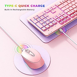 Wireless Keyboard and Mouse Combo Backlit, seenda Rechargeable Full-Size Illuminated 2.4Ghz Silent Keyboard and Mouse for Computer/Laptops/Windows/Gaming, Ice Pink