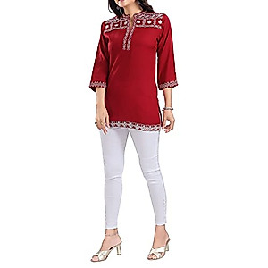 IshDeena Indian Kurtis for Women Indian Style Printed Embroidered Tunics Womens Tops Kurta (Extra Large, Red - 0622S1ID2)